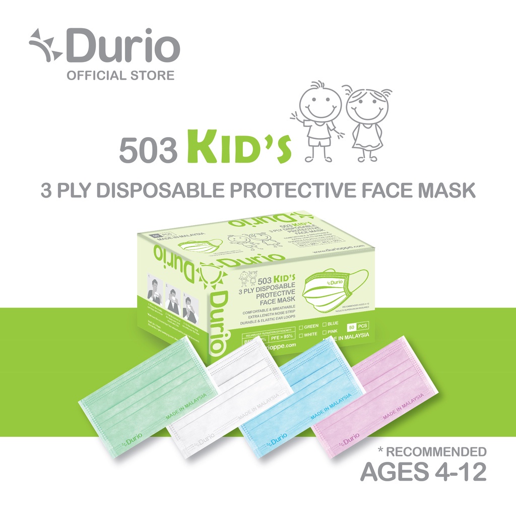 Durio Kid's 3 Ply Disposable Protective Face Mask (50pcs) | Shopee Malaysia