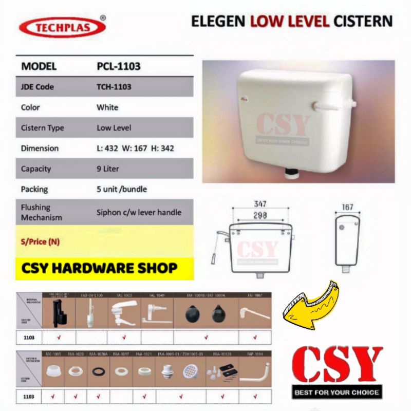 TECHPLAS 1103-LL 9 Liter Elegen Plastic Toilet Cistern Low Level ...