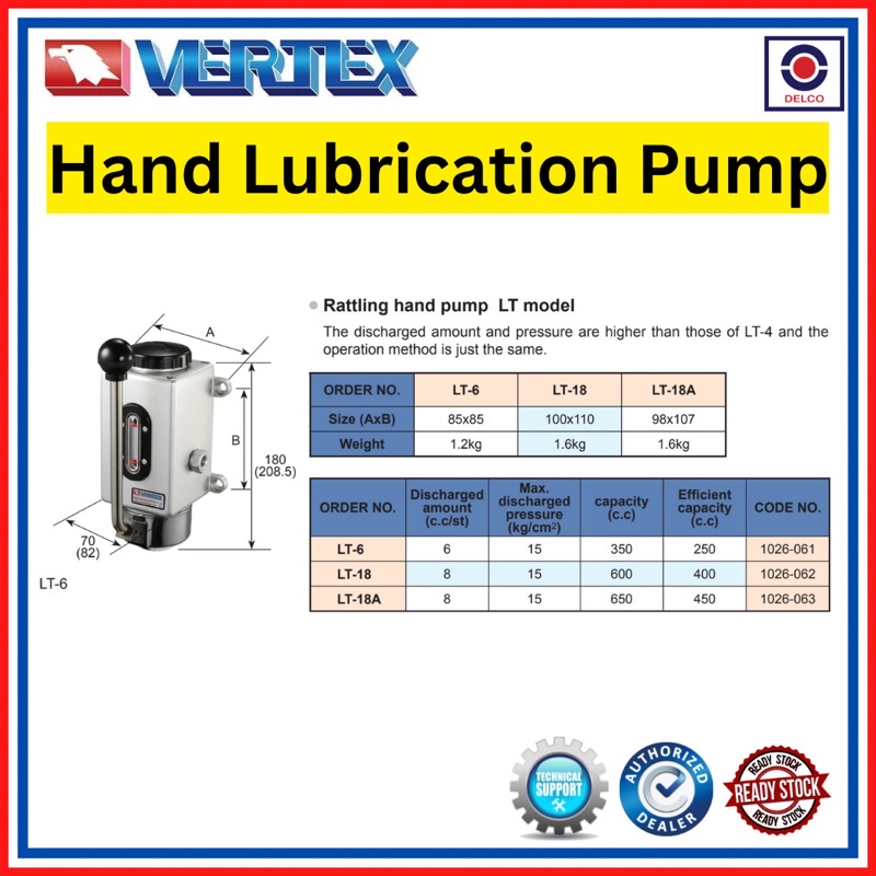 VERTEX TAIWAN LT-6 LT-18 Rattling hand pump LT model Hand lubricantion ...