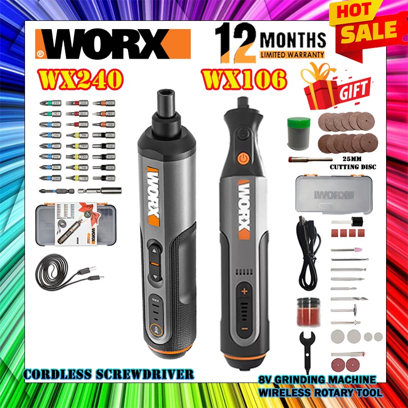 WORX WX240 4V Cordless Screwdriver & WORX WX106 Grinding Machine USB 8V Mini Wireless Rotary ...