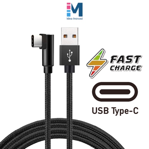 90 Degree L Shape Type C to USB Cable 2.4A Black Nylon Braided 1 Meter ...