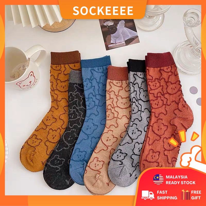 [Ready Stock] Sockeeee 1 Pair Cute Bear Head Sock Crew Socks Women ...