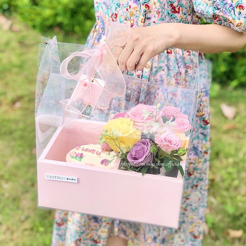 Gift Box 2 Compartment TRANSPARENT CARRYING FLOWER Handle Gift Cake ...