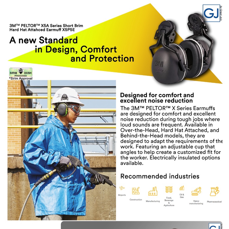 3M X5P5E PELTOR Helmet Attached Electrically Insulated Safety Earmuff DOSH SIRIM Approved Short ...