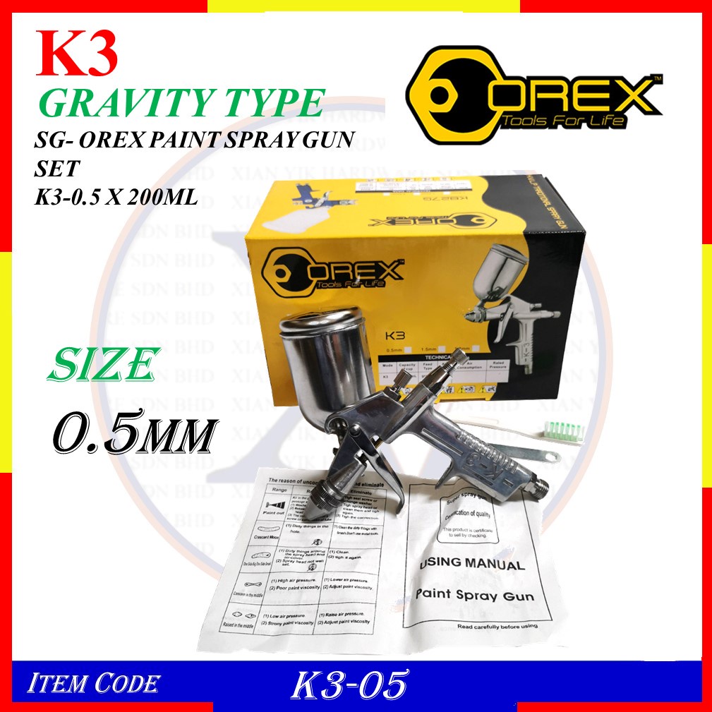K3-05 (K3-0.5 X 200ML) OREX PAINT SPRAY GUN SET - GRAVITY TYPE O01-02 ...