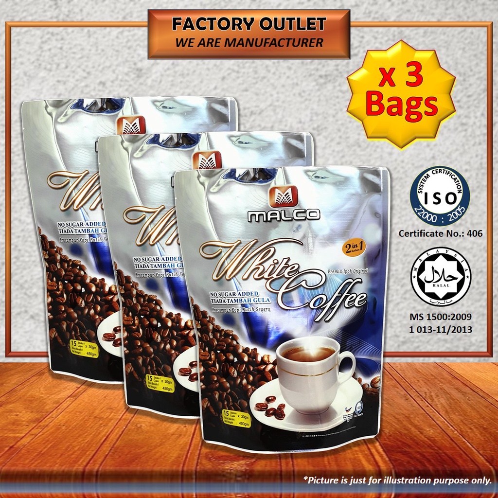 [3 Bags] 2 in 1 White Coffee | Without Added Sugar | No Sugar Added | Ipoh | Malco | HALAL | 15 ...