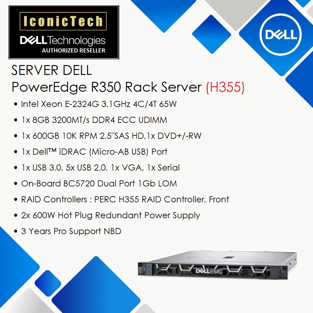 Dell PowerEdge R350 Rack Server (E-2324G, 8GB, 600GB 2.5inch SAS 10K RPM, PERC H355 RAID ...