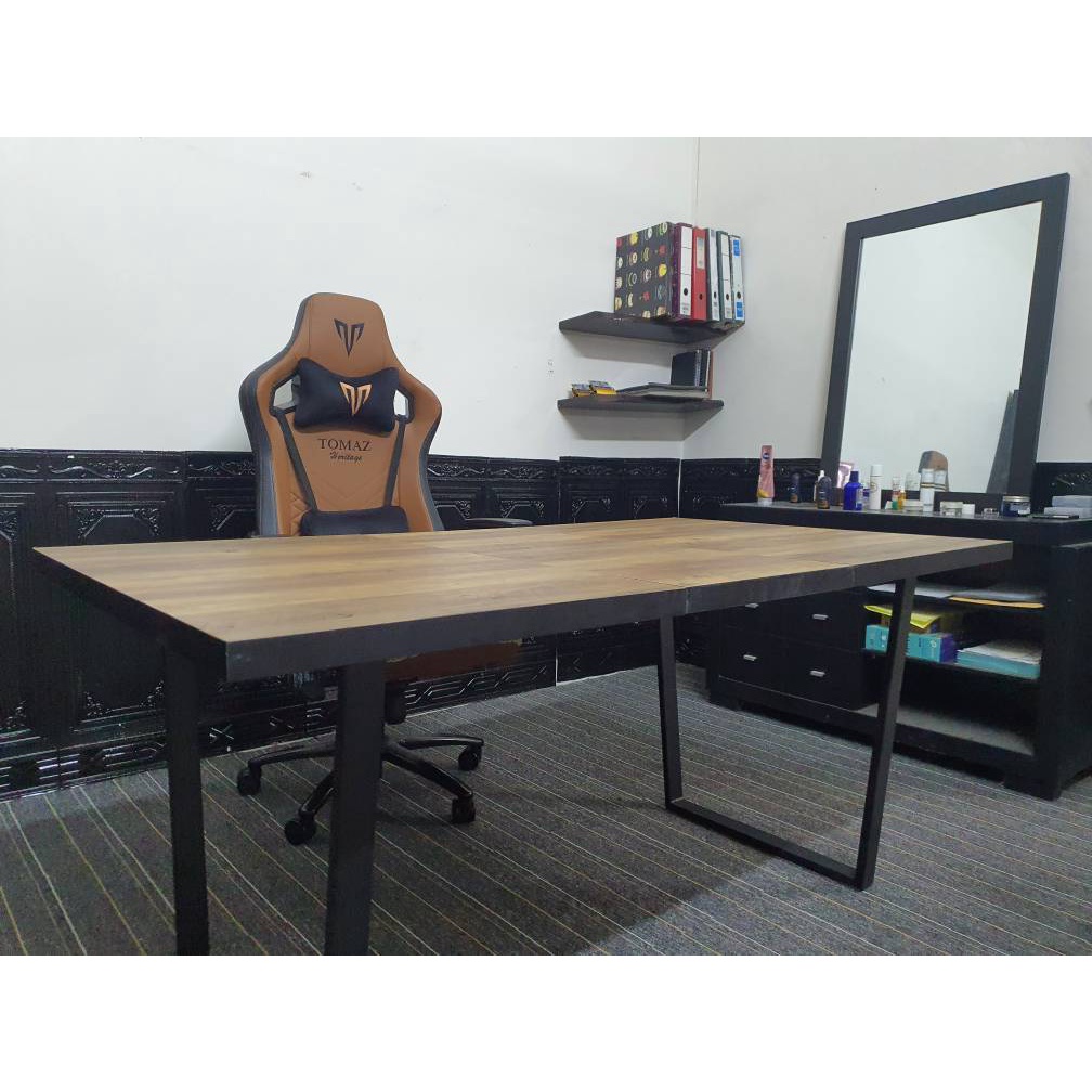 Modern Extendable Wood Top Dining Table with Black Powder Coated Metal ...