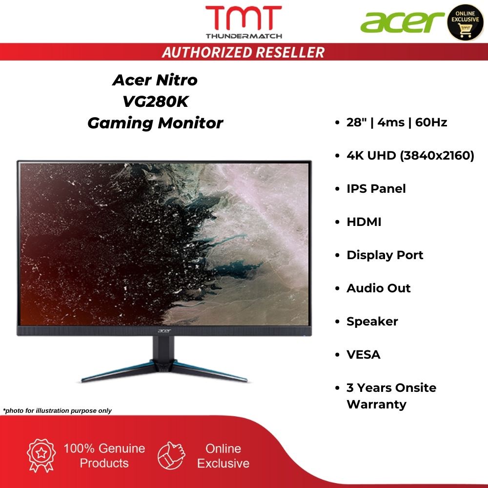 Acer Nitro VG280K Gaming Monitor | 28" / 4ms / 4K UHD | 60Hz | IPS | HDMI / DP | Audio | VESA ...