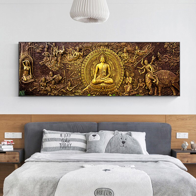 Bronze Buddha Screen God Prints Modern, Golden Buddha Canvas, Art ...