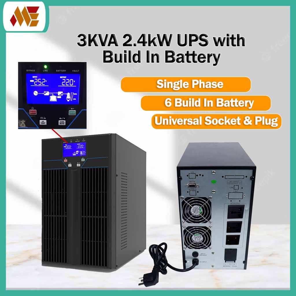 UPS 3KVA 2400W 220V Single Phase Heavy Duty Online Uninterruptible Power Supply with 6 Build In ...