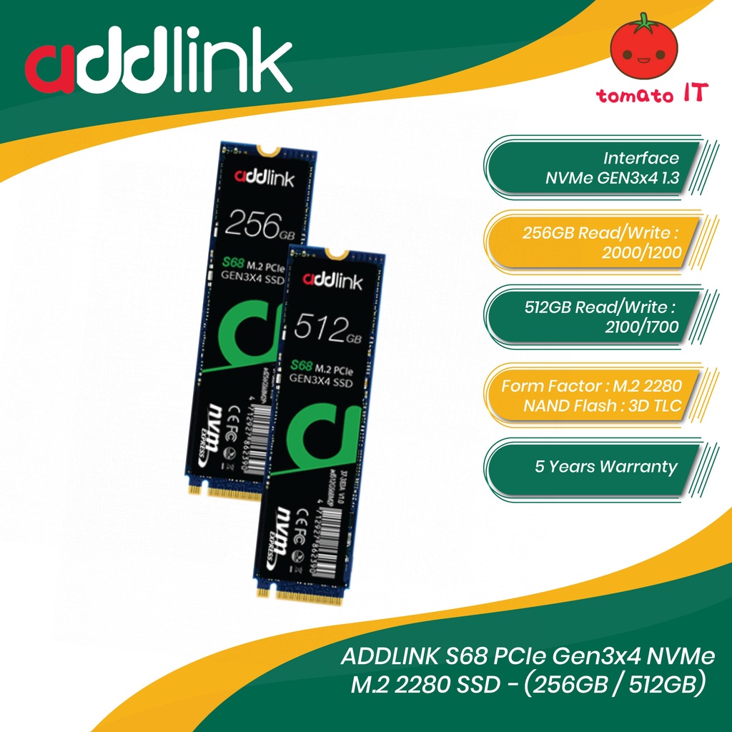 ADDLINK S68 PCIe Gen3x4 NVMe M.2 2280 SSD - 256GB/512GB | Shopee Malaysia