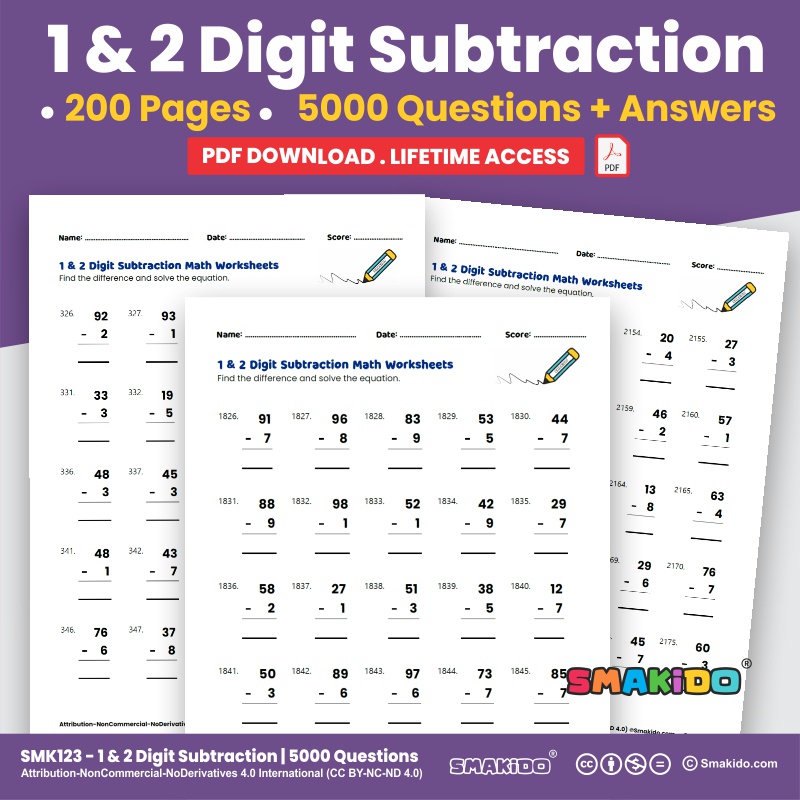 [ Soft Copy/PDF ] 7200 Questions- 1 & 2 Digit Math Subtraction ...