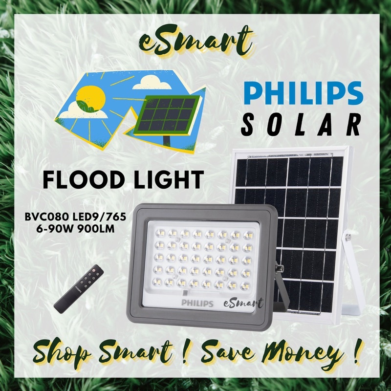 Philips Essential SmartBright BVC080 6-90W 900lm Solar Floodlight 6500K with Solar Panel ...