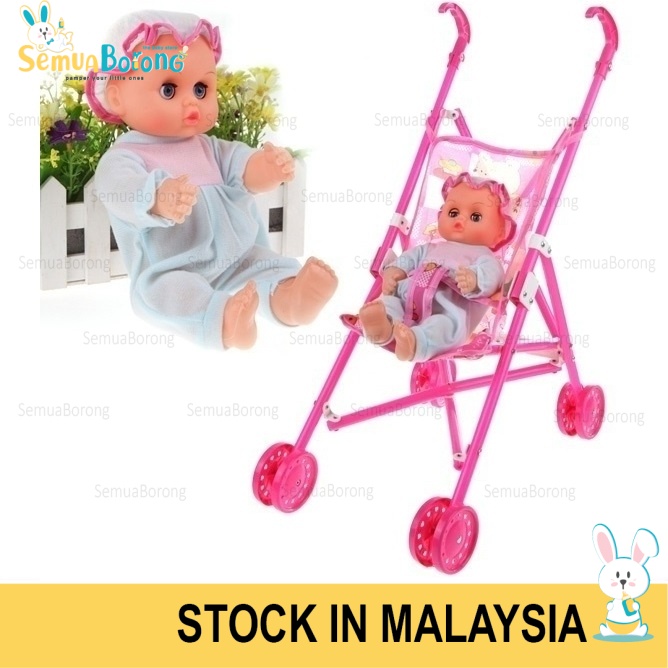 (TERMASUK PATUNG) Buggy Pram Cute Baby Doll Stroller With Doll Foldable ...