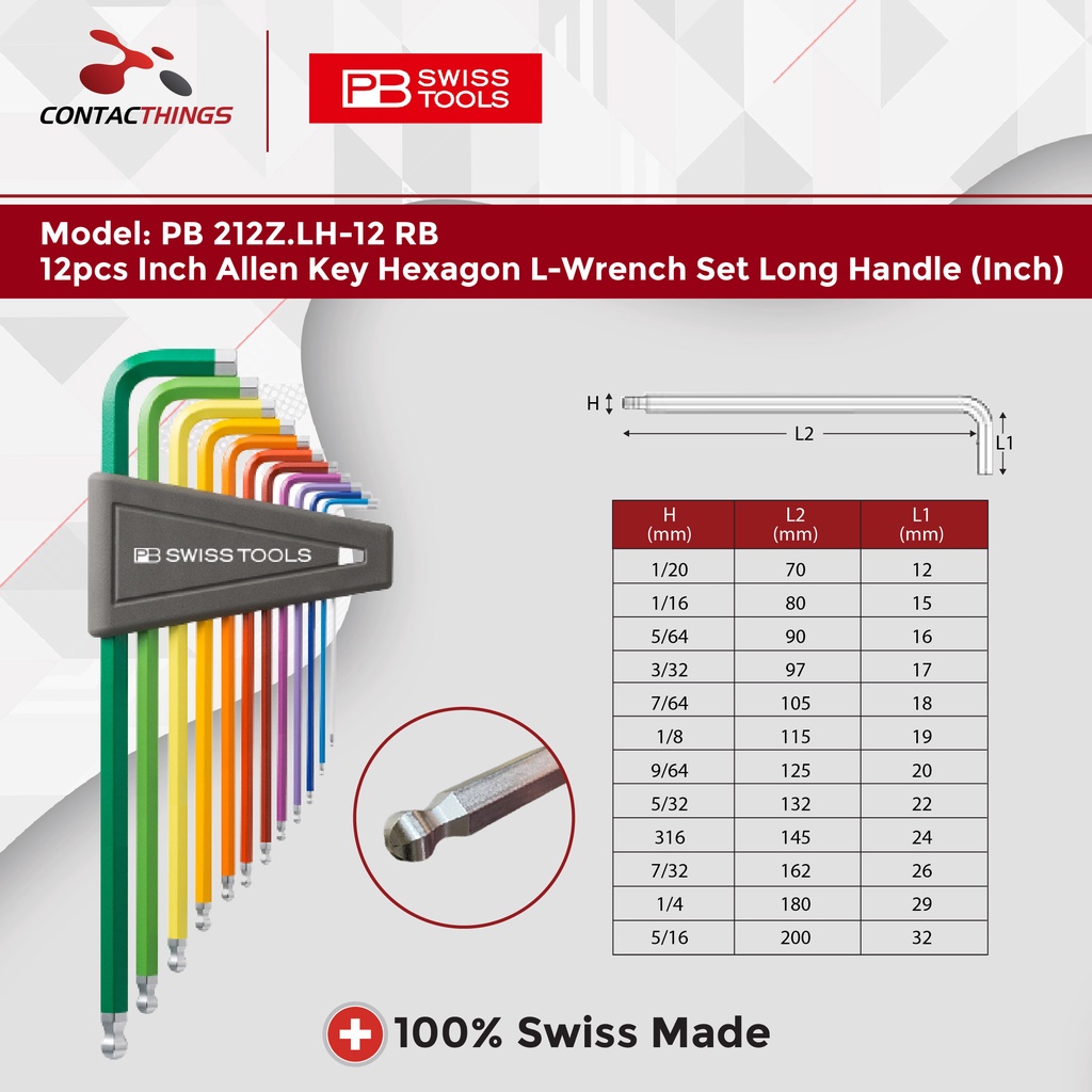 PB SWISS TOOLS 12pcs Inch Allen Key Hexagon L-Wrench Set Long Handle (Inch) PB 212Z.LH-12 RB ...