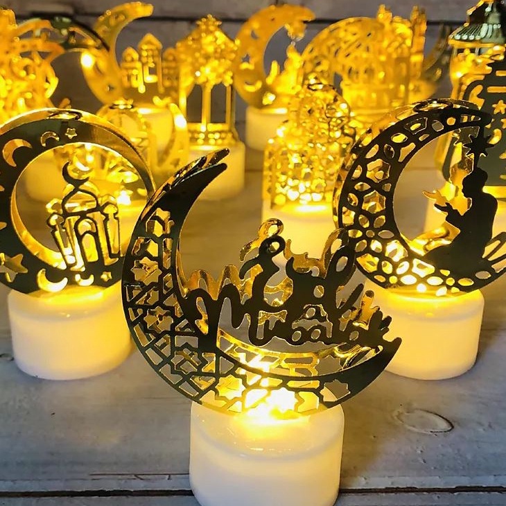 Ramadan Raya LED Light Ornaments Candle Eid Mubarak Festival Decoration Gold Metal LED Lampu ...