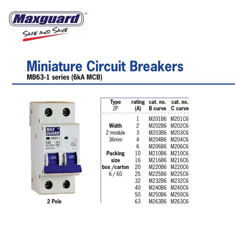 Maxguard 6kA 2Pole Miniature Circuit Breaker 6A, 10A, 16A, 20A, 32A, 40A, 63A ELEKTRIK AKSESORI ...
