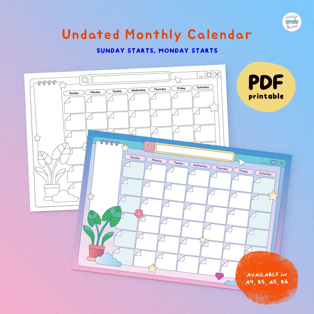 Monthly Calendar (Colorful,Cute,Pastel,Aesthetic,Vaporwave)(Undated ...