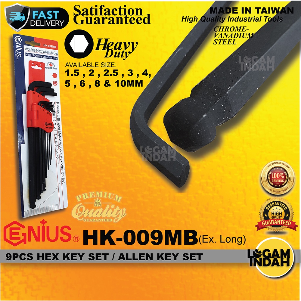 GENIUS (HEAVY DUTY) HK-009MB 9 PCS METRIC (MM) EXTRA LONG HEX KEY SET ...