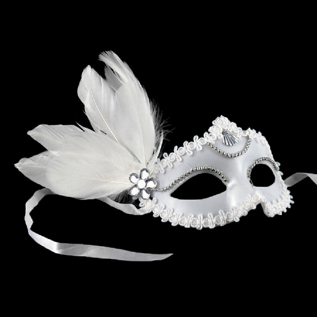 [Dhin] Feather Pearl Mask Halloween Party Masquerade White Black Eye ...