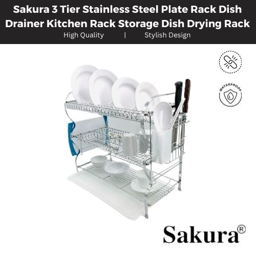 Sakura 3 Tier Stainless Steel Plate Rack Dish Drainer Kitchen Rack ...