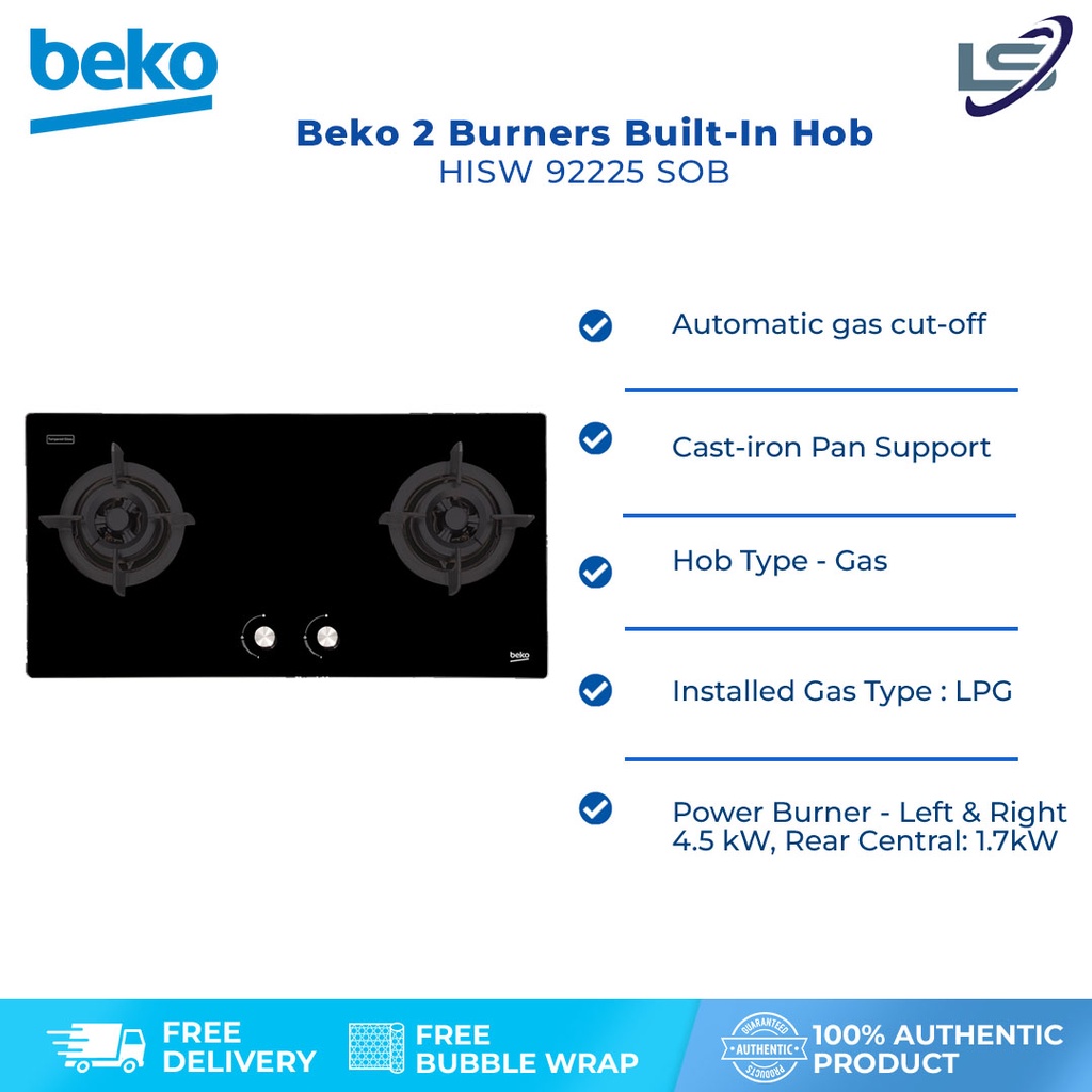 Beko 2 Burners Built-In Hob HISW 92225 SOB | Automatic Gas Cut-Off ...