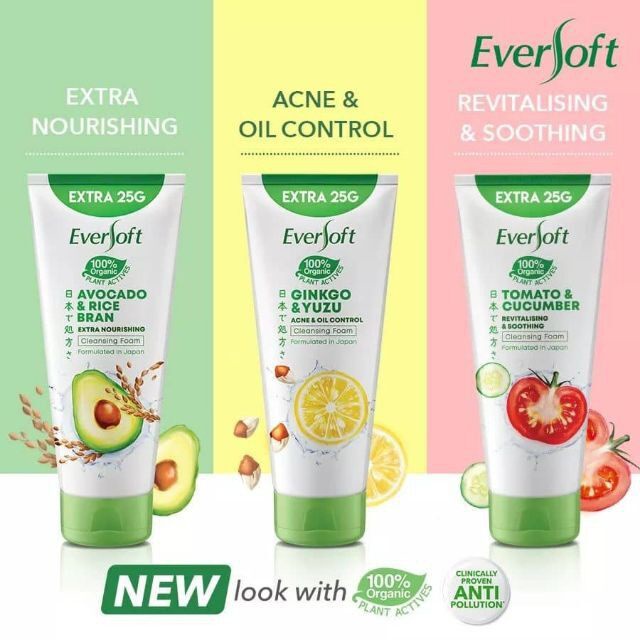 Eversoft Facial Cleanser 195g extra 25g (Avocado / Ginkgo / Tomato) mfg ...