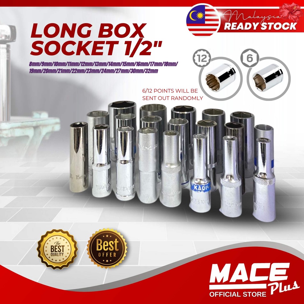 1/2" Inch Deep Long Box Socket 6 / 12Points Heavy Duty for Ratchet ...