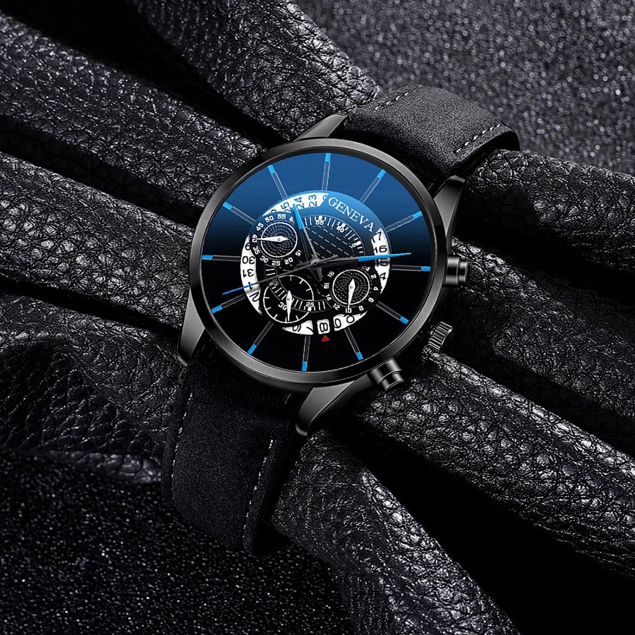 Casual Leather Men Watches with Date Male Watch Bracelet Set | Shopee ...