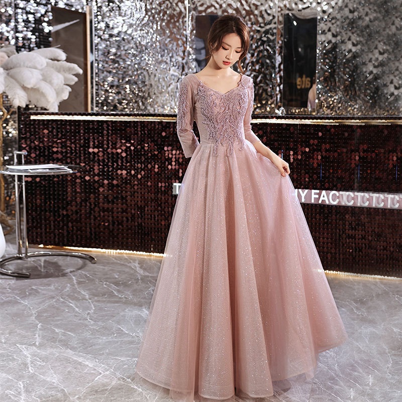 Elegant Pink/Silver Grey Starry Sky Banquet Evening Dress Temperament ...
