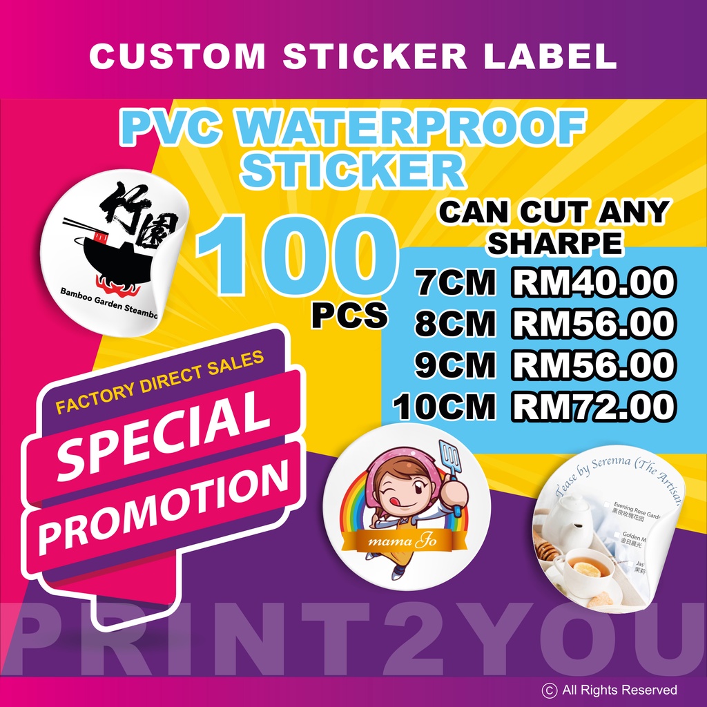 WATERPROOF CUSTOM STICKER | ANY SIZE ANY SHAPE | 7CM TO 10CM | 100PCS ...
