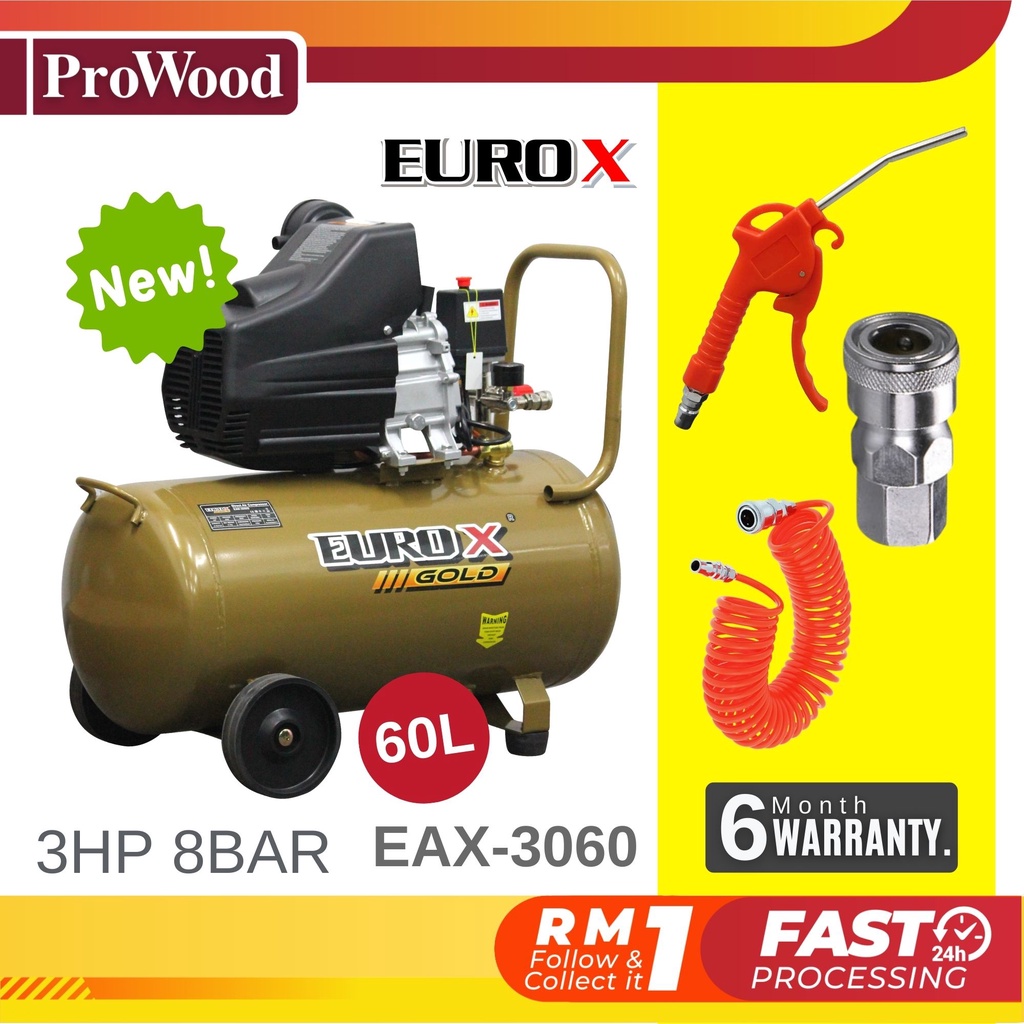 EUROX EAW-3060 / 3060EX 60Lit 3HP 8Bar 220V 2850rpm Air Compressor Kompreser Angin EAX3060 ...