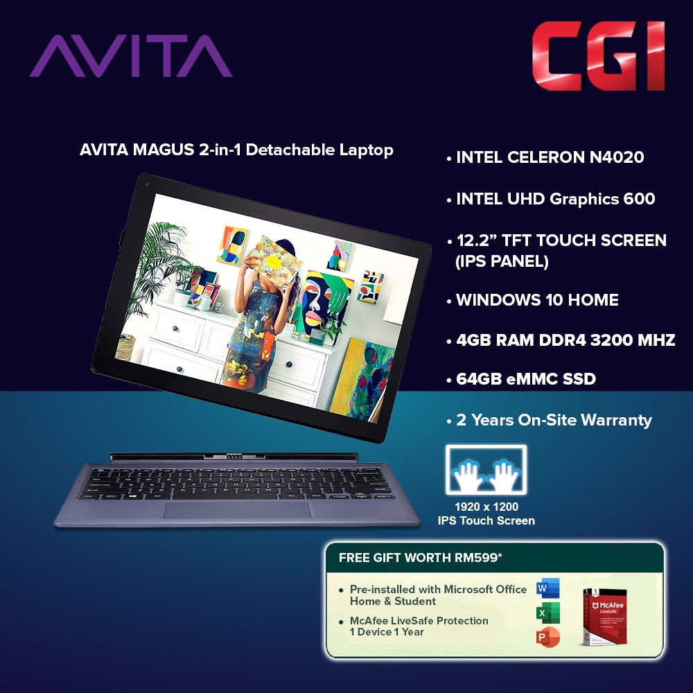 Avita 12.2" Magus Intel Celeron N4020 4GB RAM 64GB eMMC W10H IPS Touch ...
