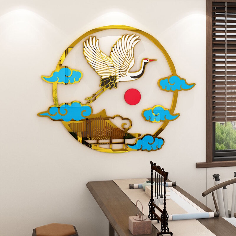 3D CNY Acrylic Sticker Chinese Style Golden Frame Crane Birds Feng Shui ...