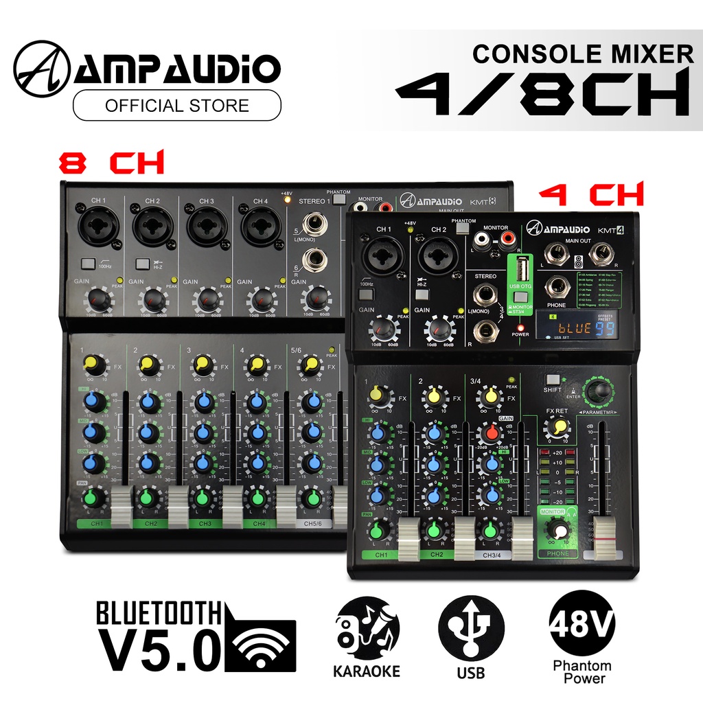AmpAudio 4/8 Channel Console Mixer With Bluetooth DSP Function (KMT4 ...