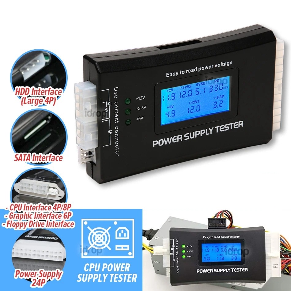 Power Supply Tester IV - PC CPU Checker 20/24 PIN 4P / 8P / 6P SATA HDD ...