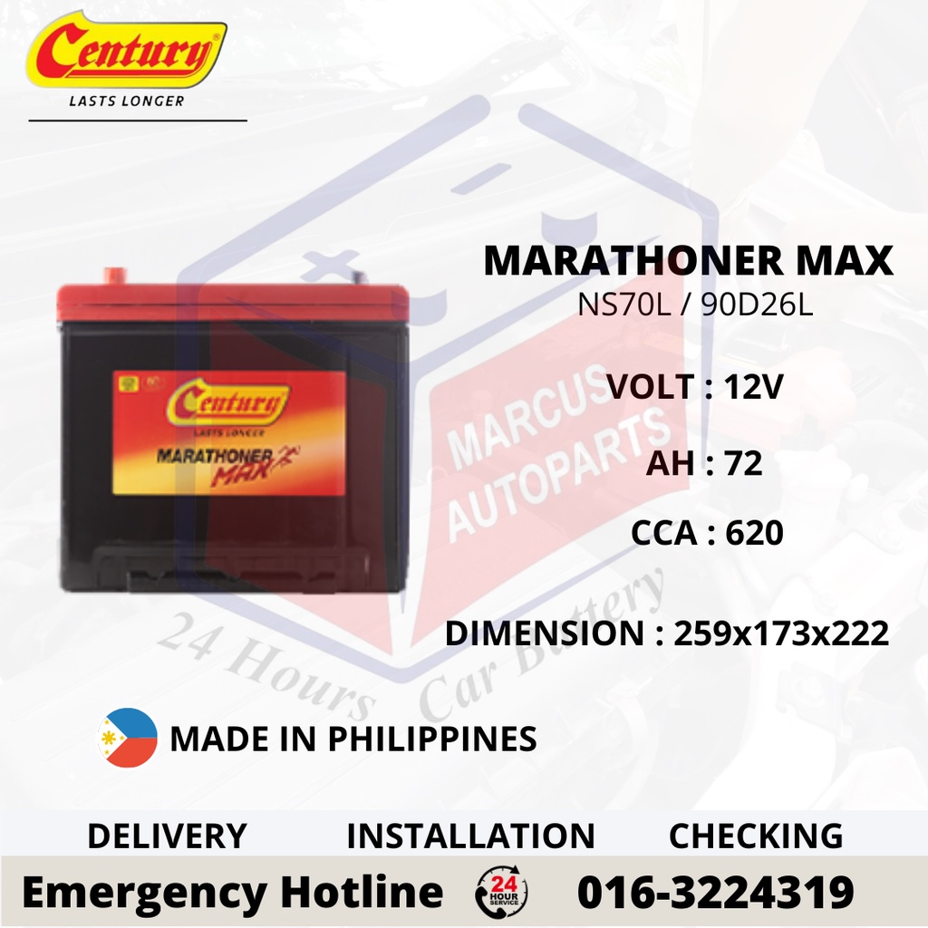 CENTURY MARATHONER MAX NS70L | 90D26L AUTOMOTIVE CAR BATTERY | Shopee ...