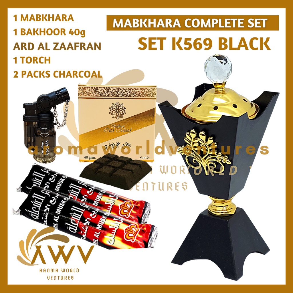 AAZ SET K569 BLACK & WHITE METAL MABKHARA / ARD AL ZAAFRAN 40g BAKHOOR ...