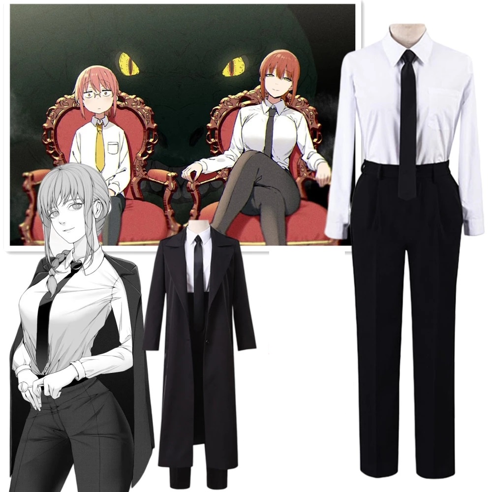 Anime Chainsaw Cosplay Makima Costume Black Trench Shirt Tie Pants ...