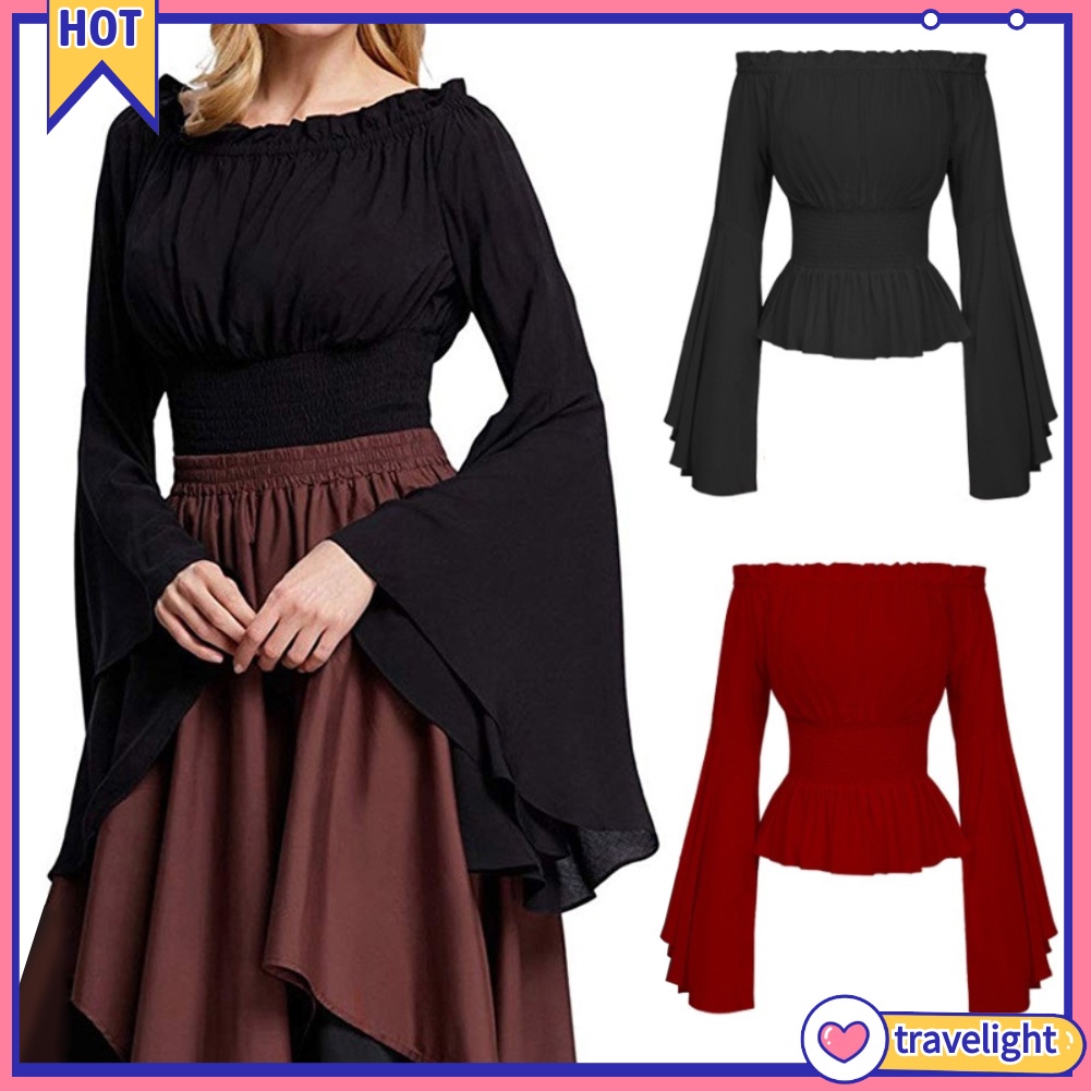 (Travelight) Women Medieval Renaissance Solid Color Bell Sleeve Ruffled ...