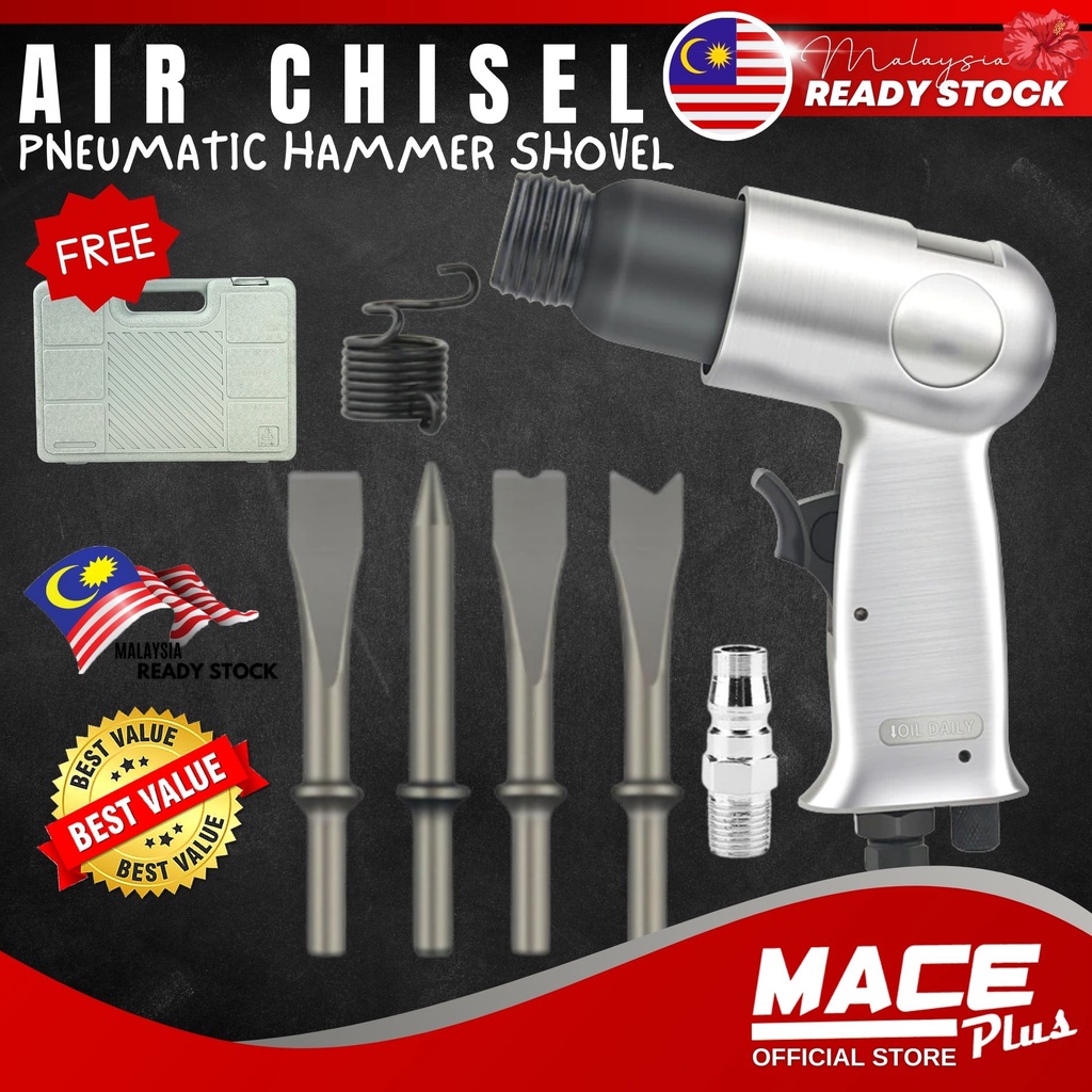 AIR CHISEL PNEUMATIC HAMMER SHOVEL SET WITH CASE 4 CHISEL HANDHELD HAND ...