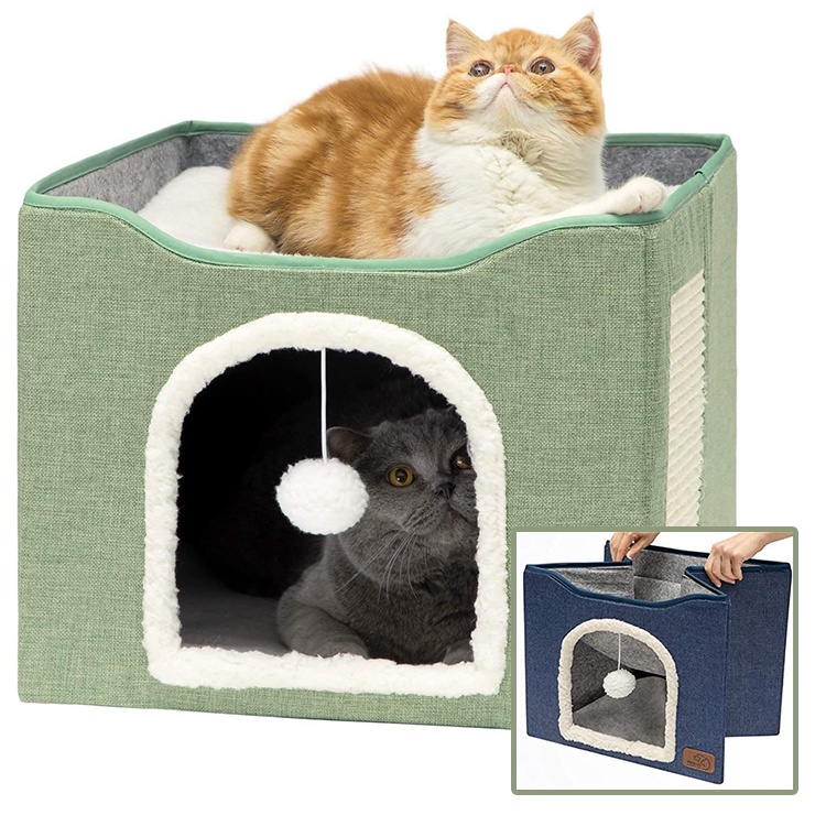 Free Gift~ Foldable 2 Floors Cat House with Removable Mat Cat Beds ...