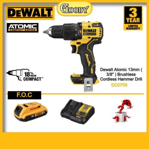 DEWALT Atomic DCD709D2-BI 13mm ( 3/8" ) Brushless Cordless Hammer Drill ...