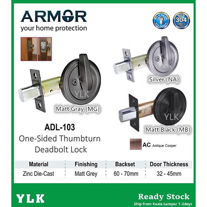 YLK Armor One Sided Thumbturn Deadbolt ADL-103-MB / Half Deadbolt ...