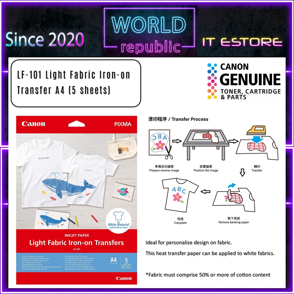 Canon Light Fabric Iron-on Transfers LF-101 LF101 - Ideal for personalise design on fabric ...
