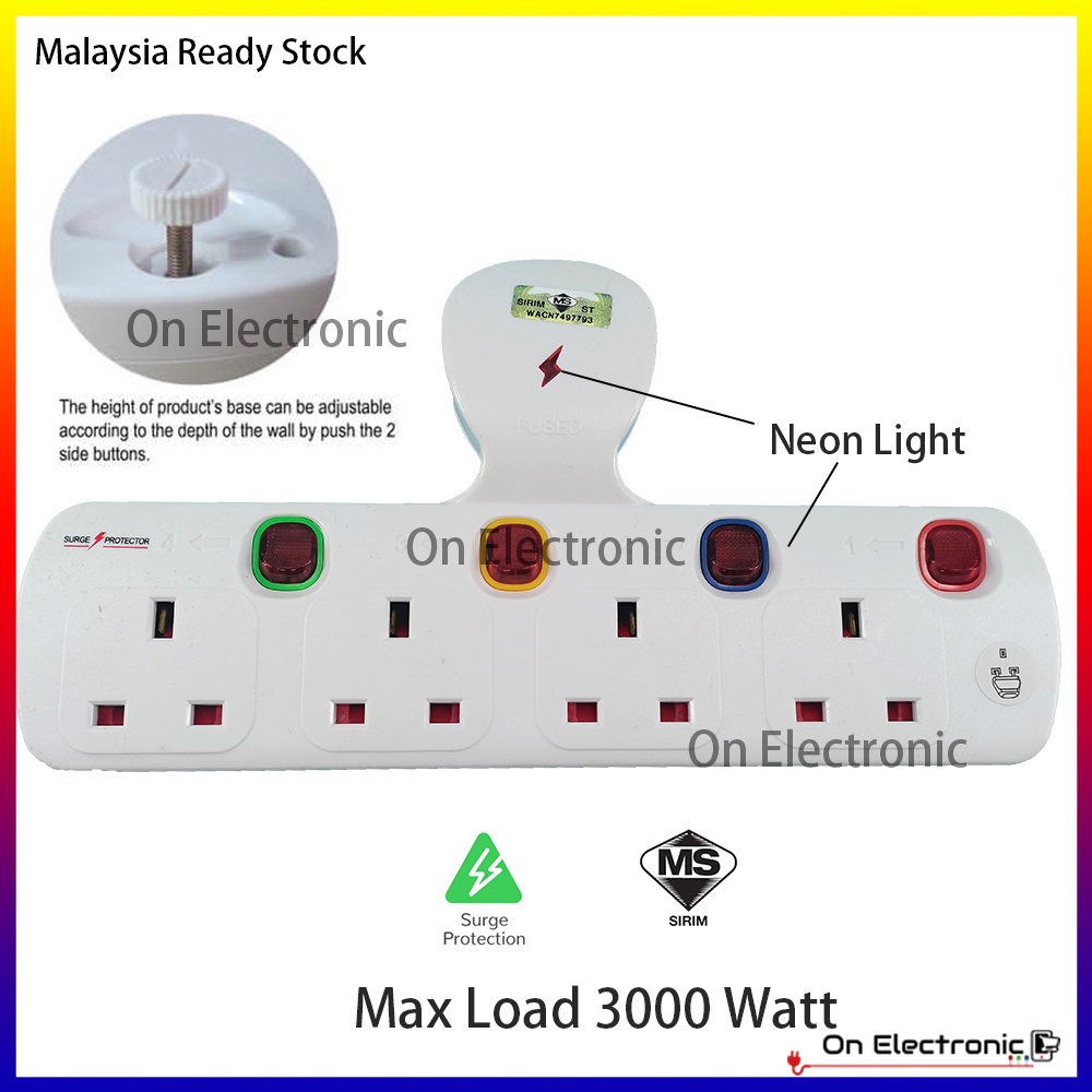 3 Ways And 4 Ways T Adaptor Extension Socket With Sirim Certified Surce Protector Neon Max