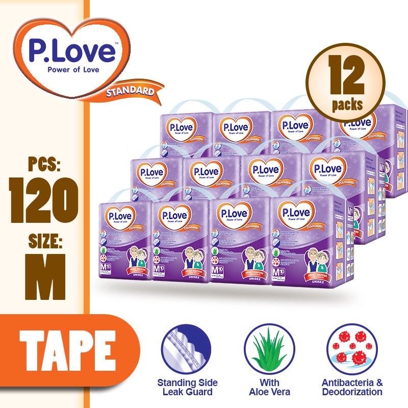 P.Love Standard Tape Adult Diapers Unisex Tape M10 / L8+1 / XL8 (12 ...