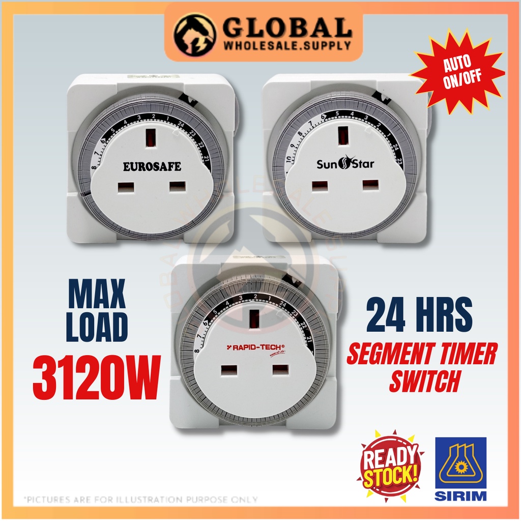 Sirim Eurosafe Rapid Tech Sunstar 24hrs 13amp Plug In Timer Switch Analog Theben Type White
