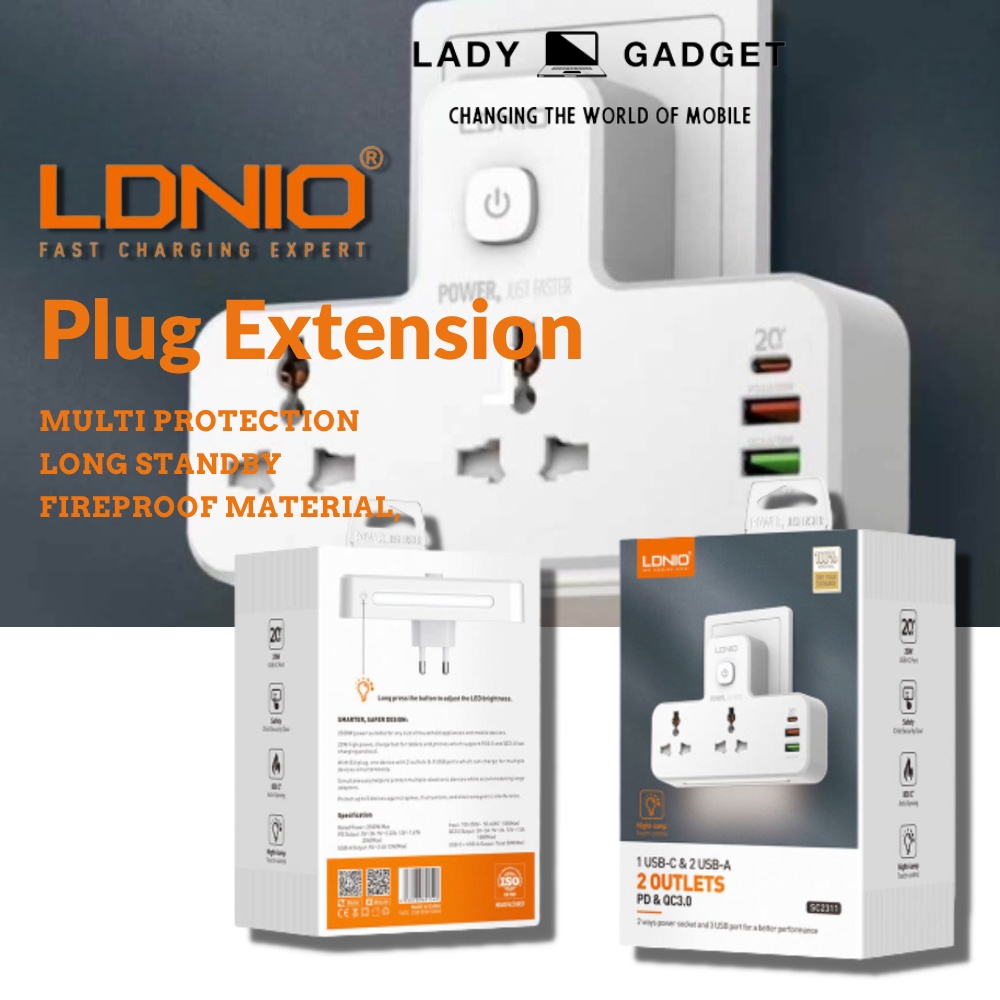 LDNIO SC2311 Type-C & 2USB with 2 Outlets PD QC3.0 Power Socket LED ...